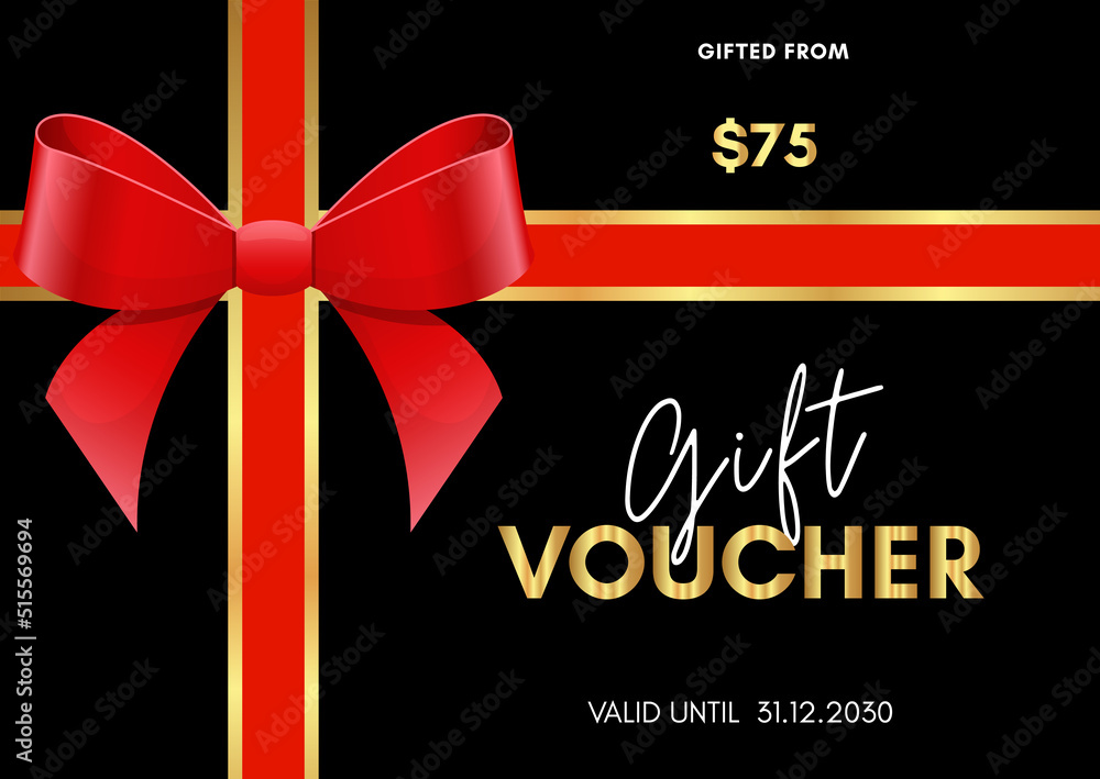 75 Dollar Gift voucher template design with red bow isolated on black ...