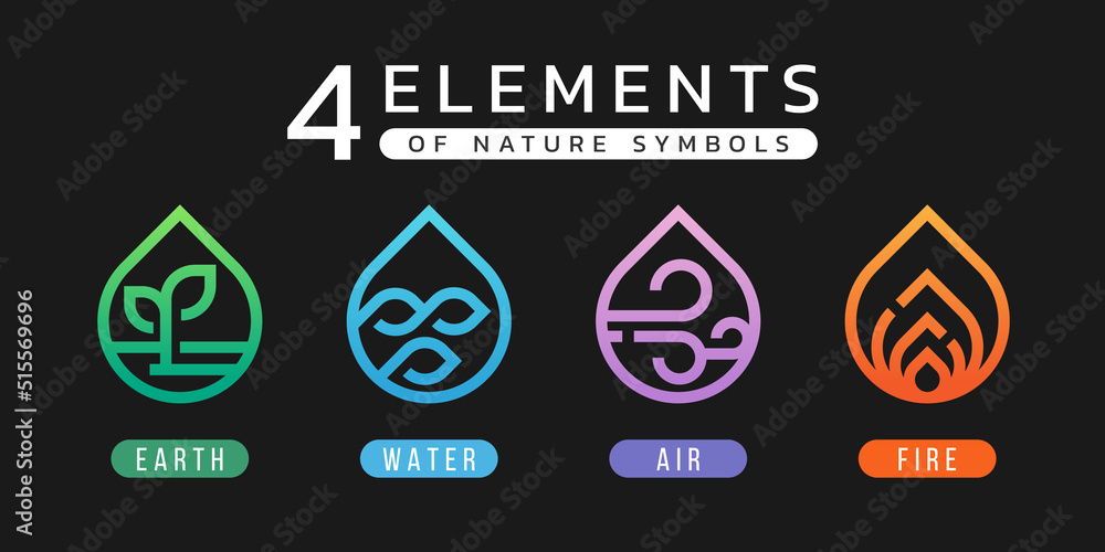 4 elements of nature symbols earth water air and fire with linedrop ...