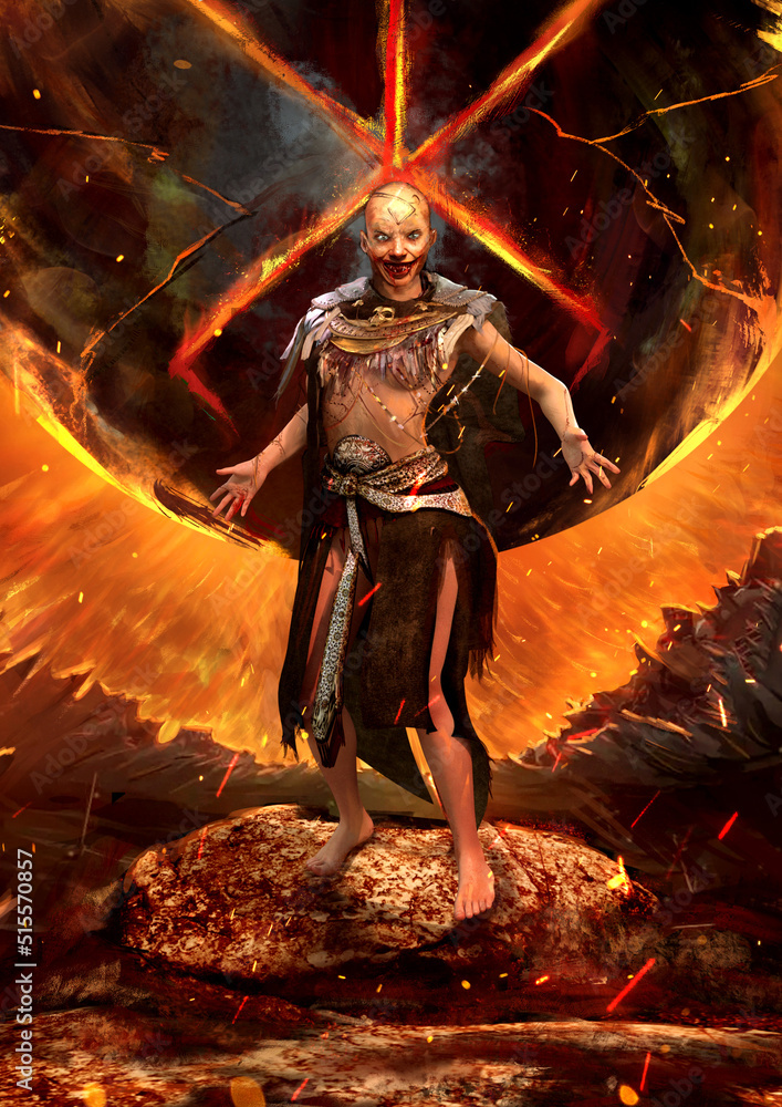 A terrible witch on the background of a magical solar eclipse. her face ...