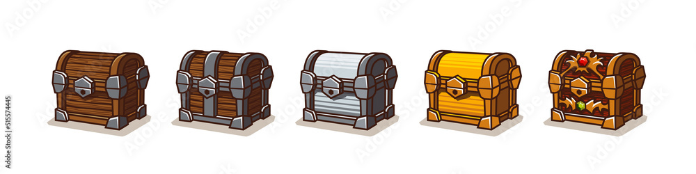 Treasure chests, trunks, boxes of wood, silver and gold with forgery ...