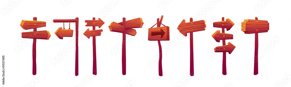 Wooden road sign boards, direction pointers on post. Vector cartoon set ...
