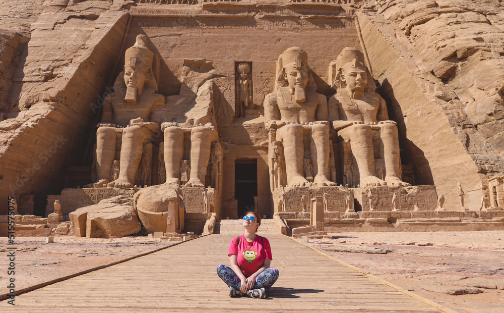 White Woman Tourist in front of the Colossal Statues of Ramesses II ...