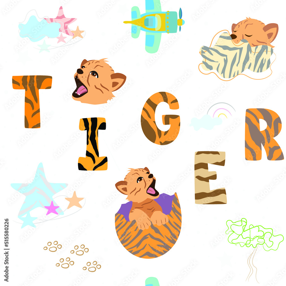 Set of cartoon tiger, wildlife seamless pattern, tiger vector set Stock ...