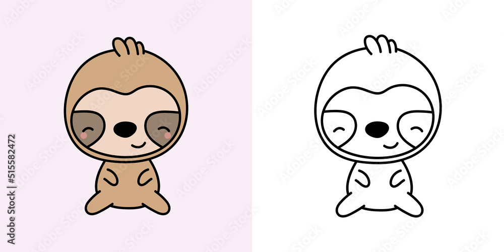 Kawaii Sloth Clipart Multicolored and Black and White. Cute Kawaii ...