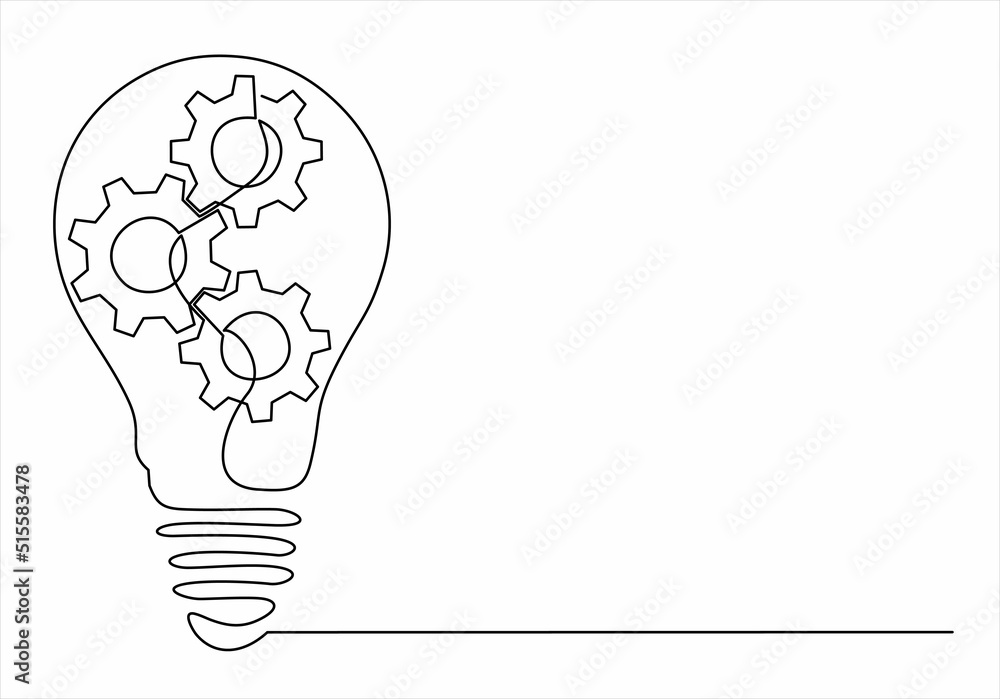 Continuous one single line drawing innovation Light bulb and gears ...