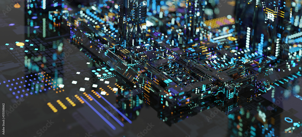 Future smart city, or electronics center. Sci-fi style futuristic city ...