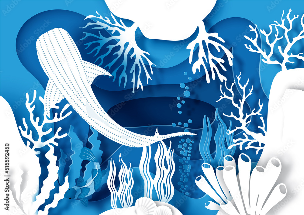 Card and poster scene of under the sea and ocean in layers paper cut ...