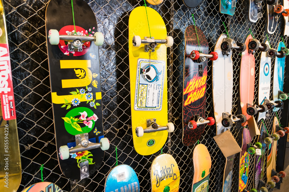 Bangkok, Thailand - May, 06, 2022 : Many surfskate hanging on the ...