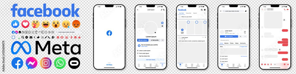 Facebook mockup set. Facebook mobile App interface template on Apple ...