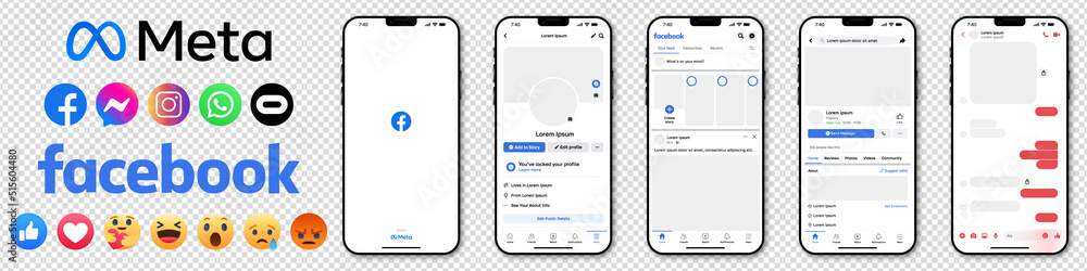 Facebook mockup set. Facebook mobile App interface template on Apple ...