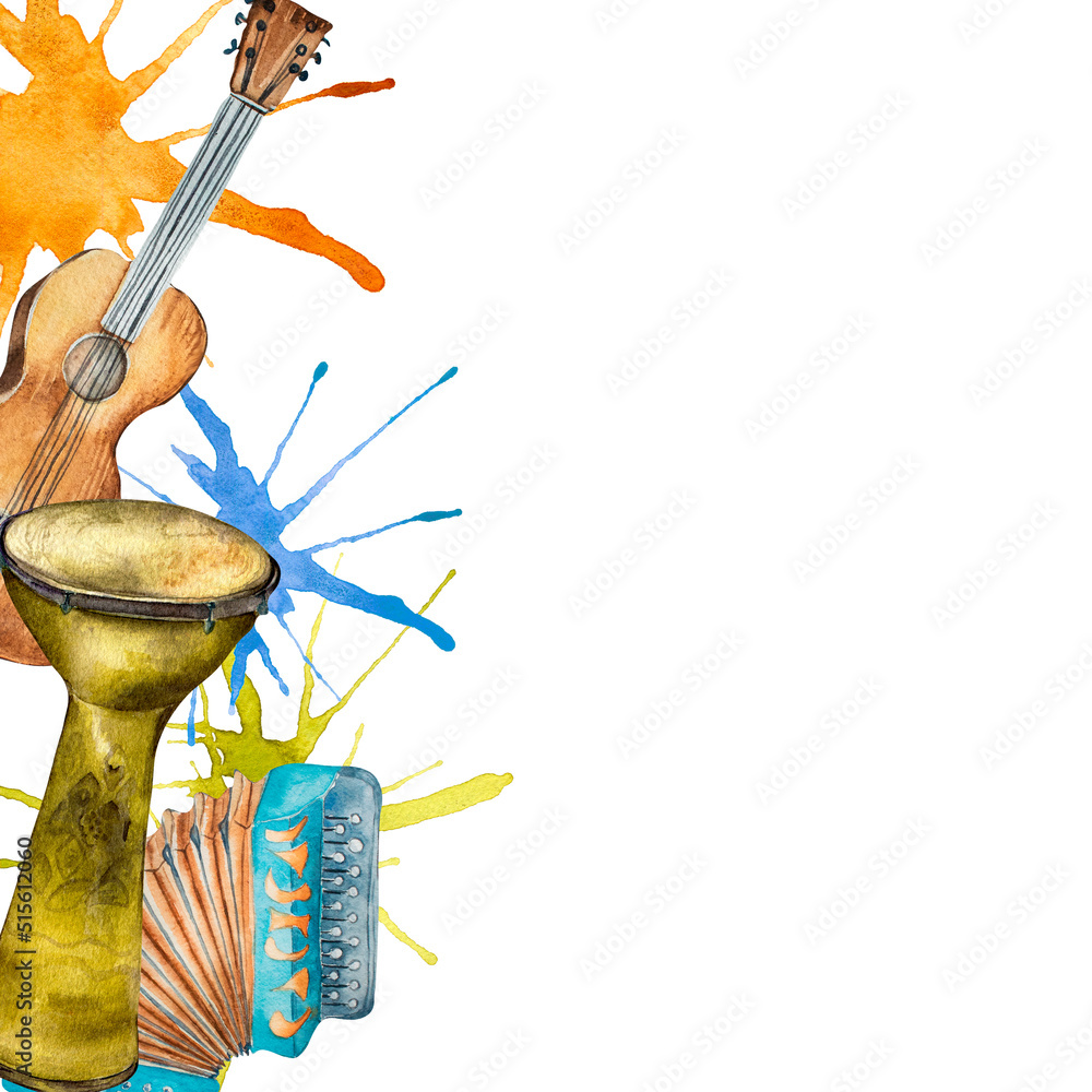Frame of folk musical instruments watercolor illustration isolated ...