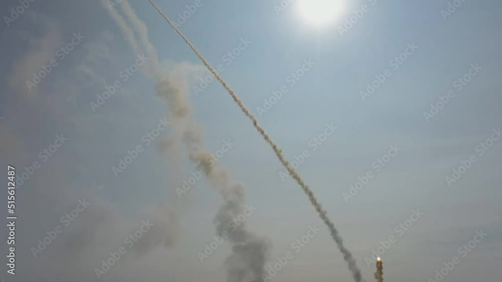 An aerial view of the S-300 anti-aircraft missile systems being fired ...