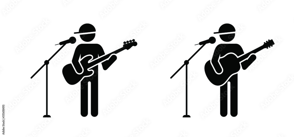 Stickman, stick figure man singer with microphone. Musician, guitar ...