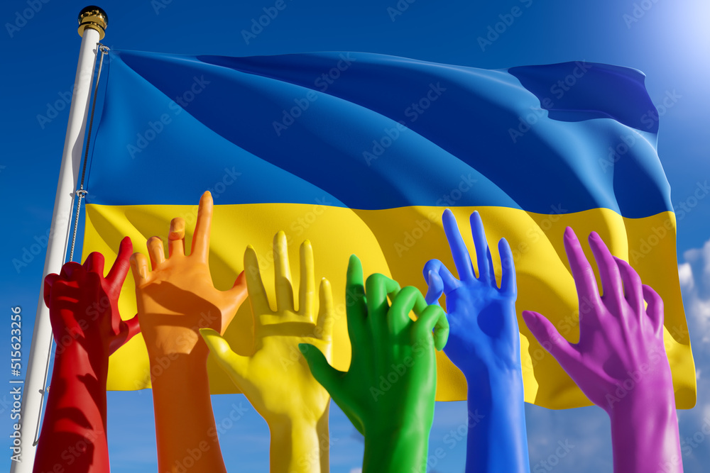 Rainbow colored hands from lgbt community over flag of Ukraine ...