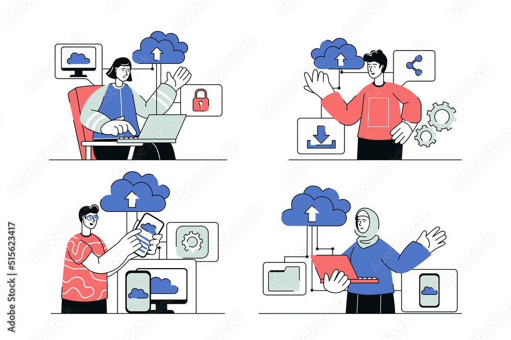 Cloud computing concept set in flat line design. Men and women use cloud storage server to ...