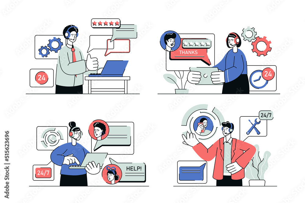 Customer service concept set in flat line design. Men and women in ...