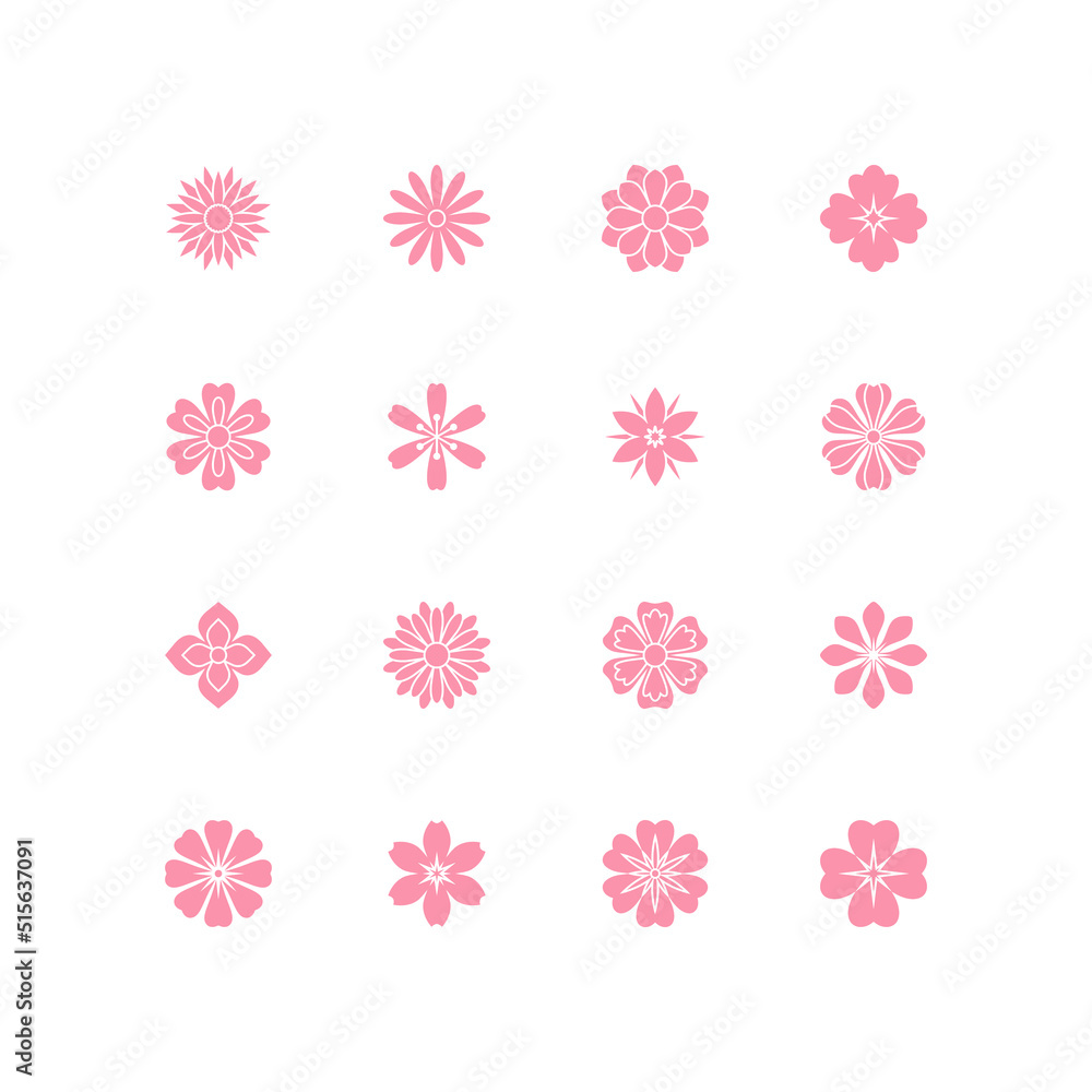 Set of pink flowers. Collection of design elements. Decorative symbols ...