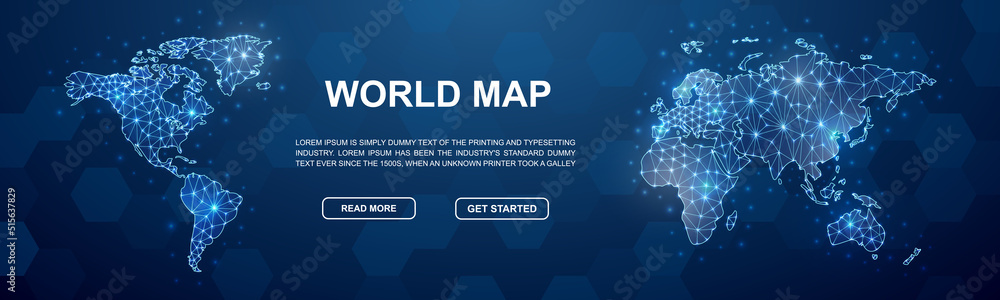 World Map polygonal symbol for head promotion banner. Horizontal low ...