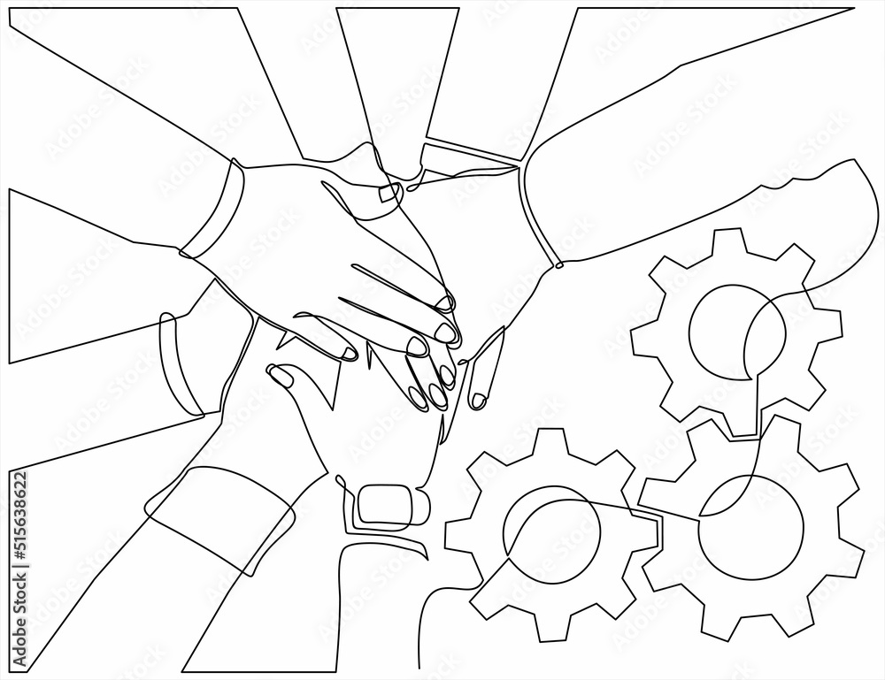 continuous line drawing of team holding hands together and gears ...