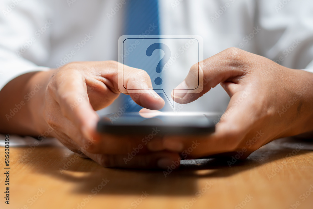 Man use smartphone with a question mark infographic. Stock Photo ...