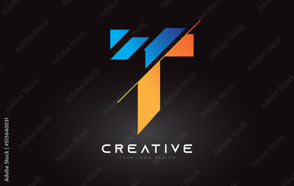 Sliced Letter T Logo Icon Design with Blue and Orange Colors and Cut ...