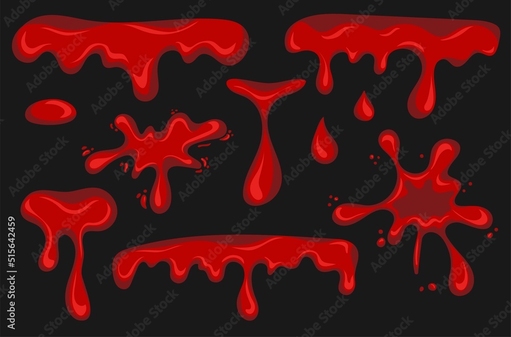 Blood splashes and border. Set of fluid blood drops and blobs. Happy ...