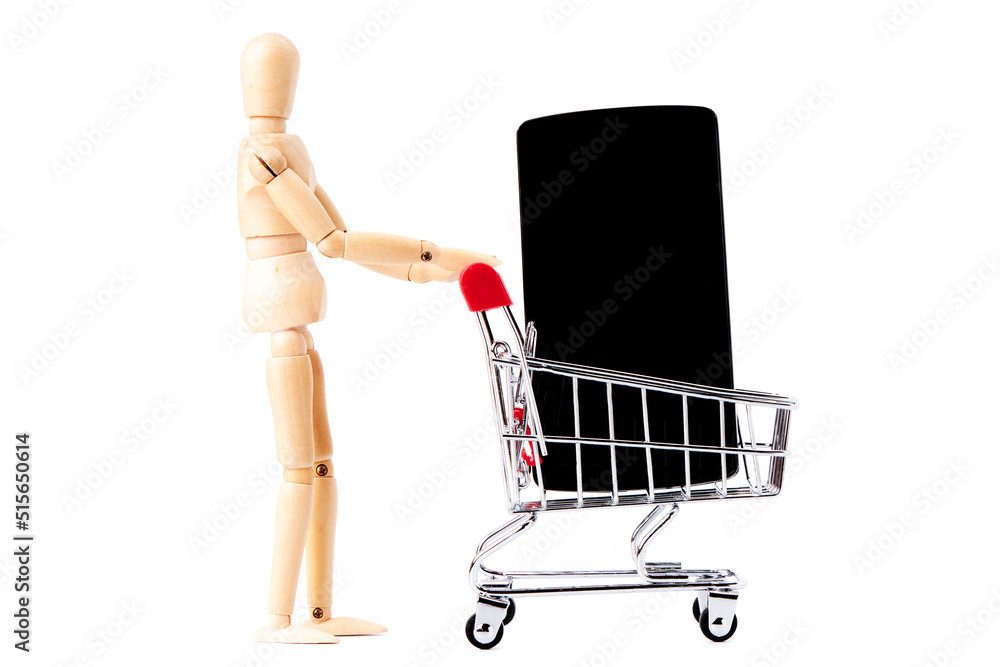 Mobile with broken screen inside a shopping cart pushed by a dummy ...