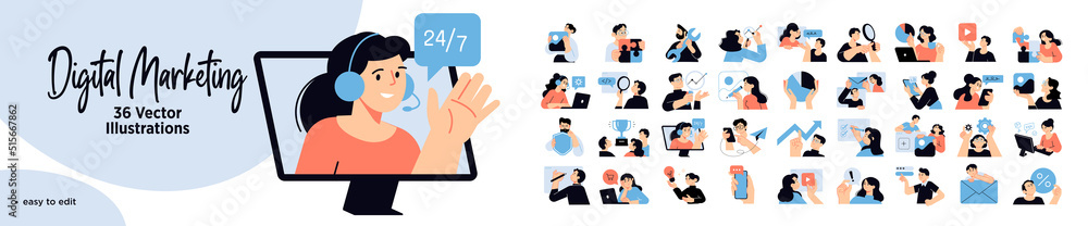 Set of digital marketing people illustrations. Flat design vector ...