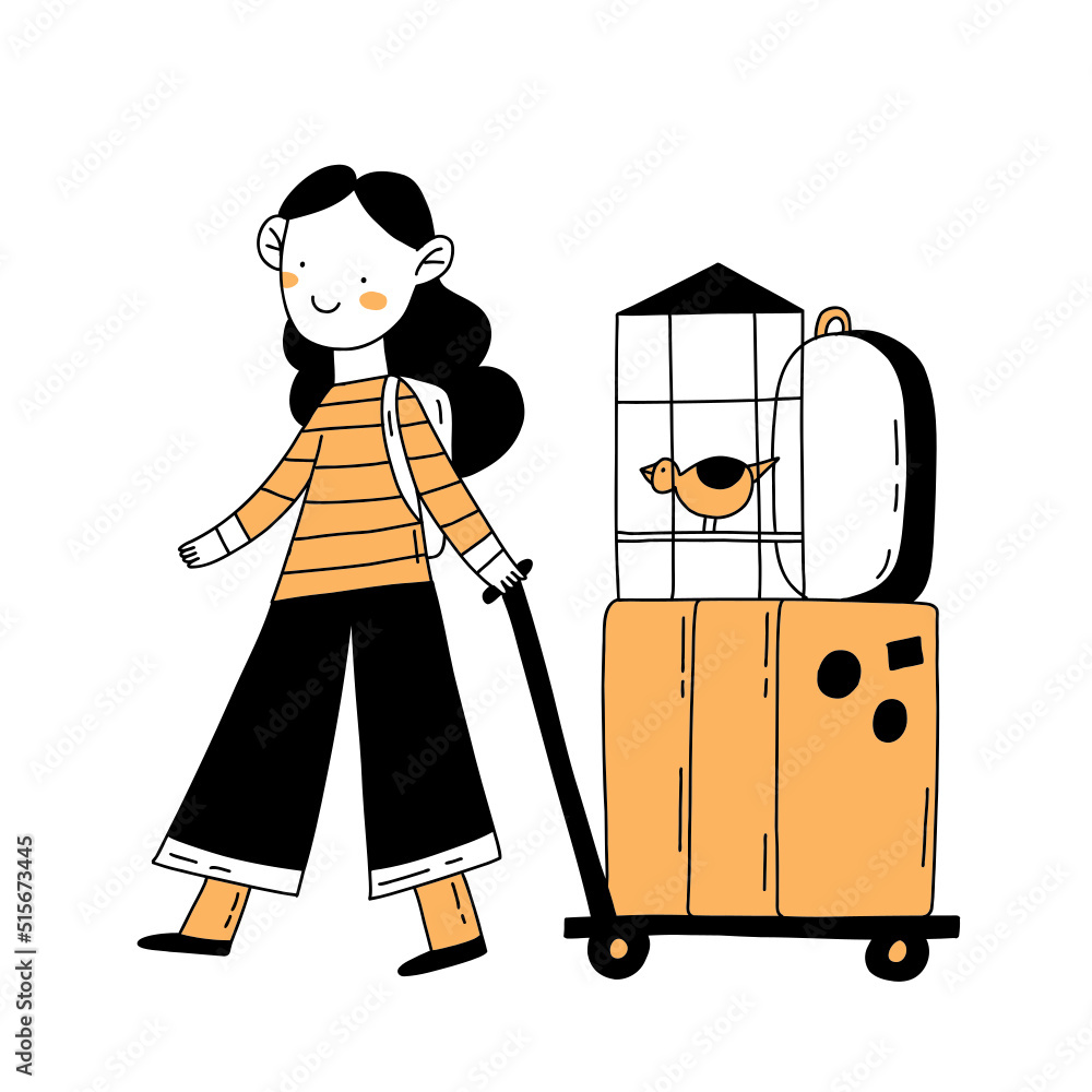 Vetor de Girl character carry bags hand drawn outline illustration in ...
