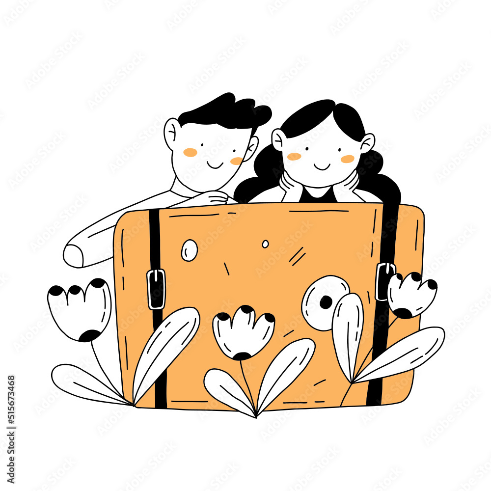 Cute cartoon tourists characters with smiling faces and suitcase hand ...