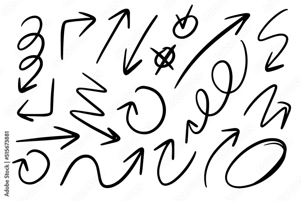 Hand drawn curve arrow icon set isolated on black background. doodle ...