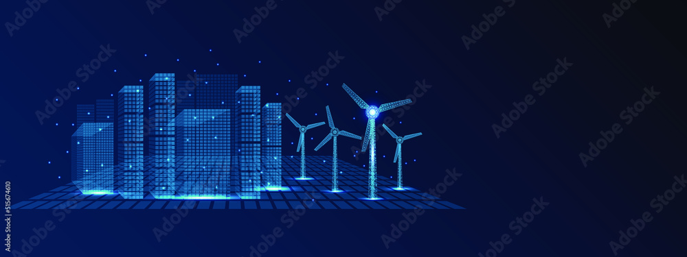 Wind power plant vector illustration in wireframe style. Windfarm with ...
