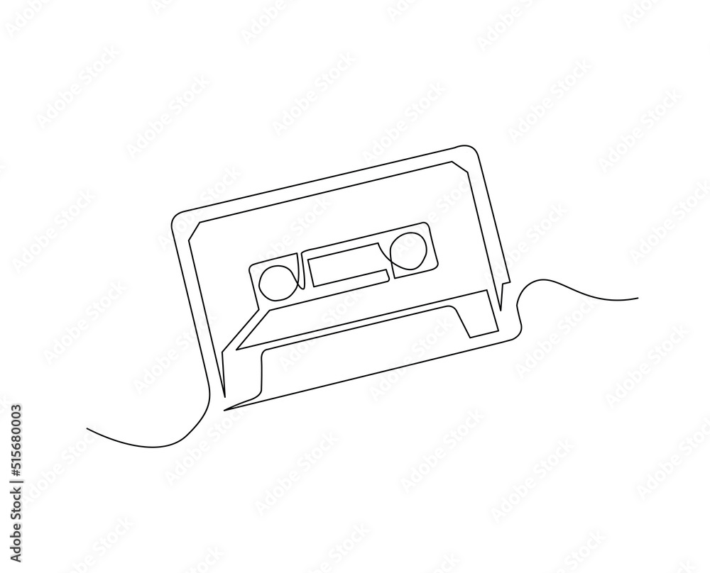Continuous line art of cassette tape ribbon. Outline drawing of music ...