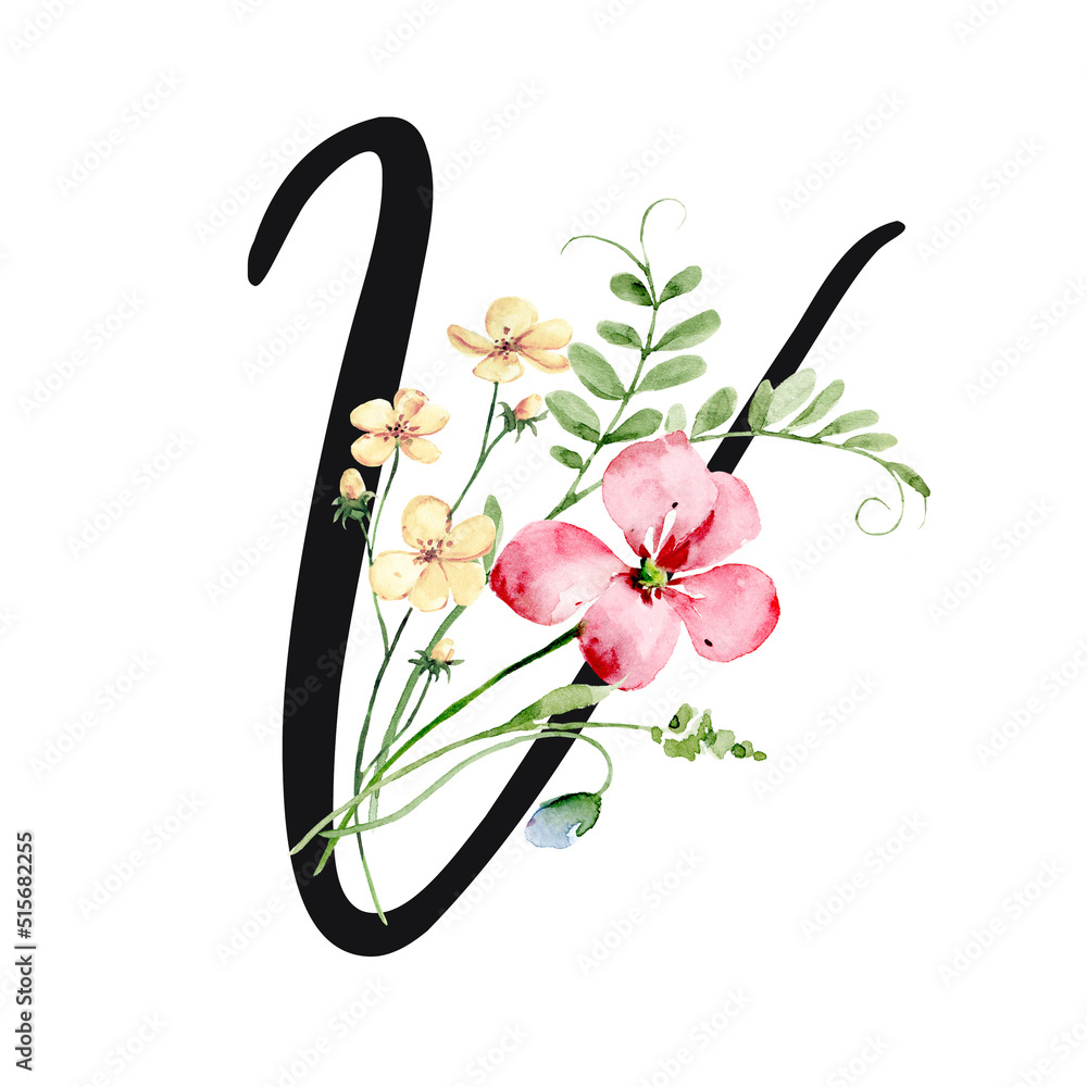 Floral alphabet, letter V with watercolor flowers and leaf. Monogram ...