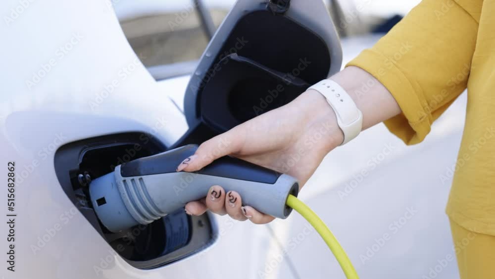 Female hand holding electric car plug for recharge plug in hybrid car ...