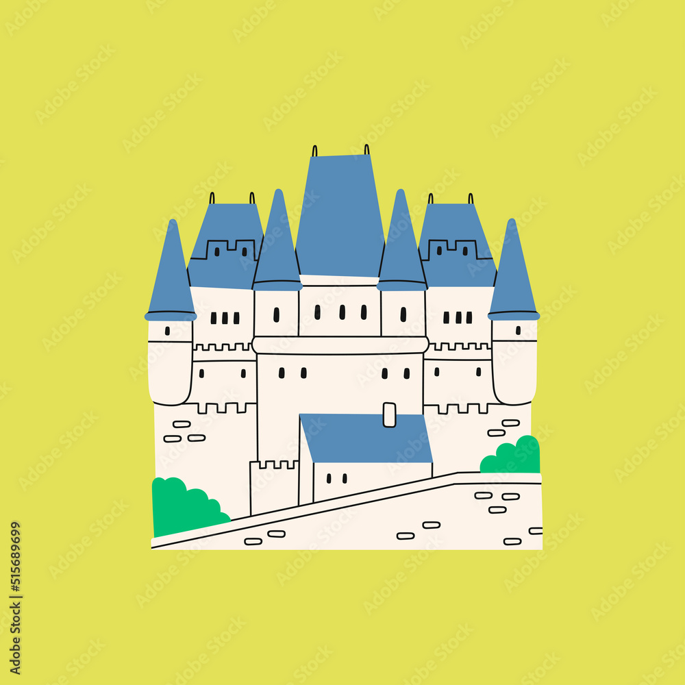 Medieval Castle. Blue roof, white walls. Royal kingdom towers ...