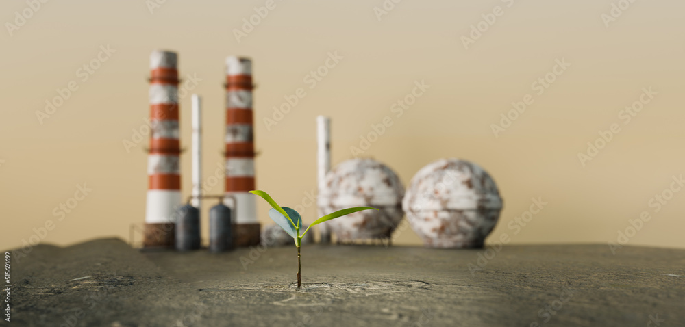 Small tree growing among climate change and air pollution, 3D ...