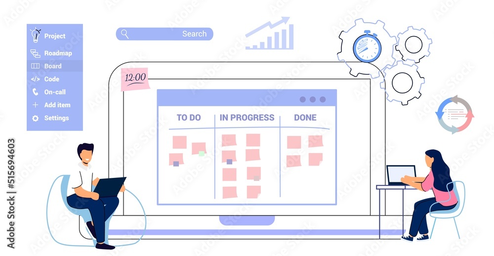 Vetor de Scrum task board Agile organizer with people sticking papers ...