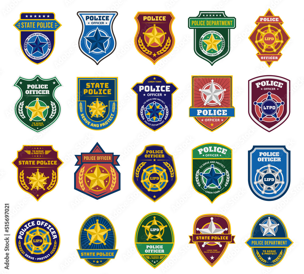 Police badges. Security officer and federal department signs, state ...