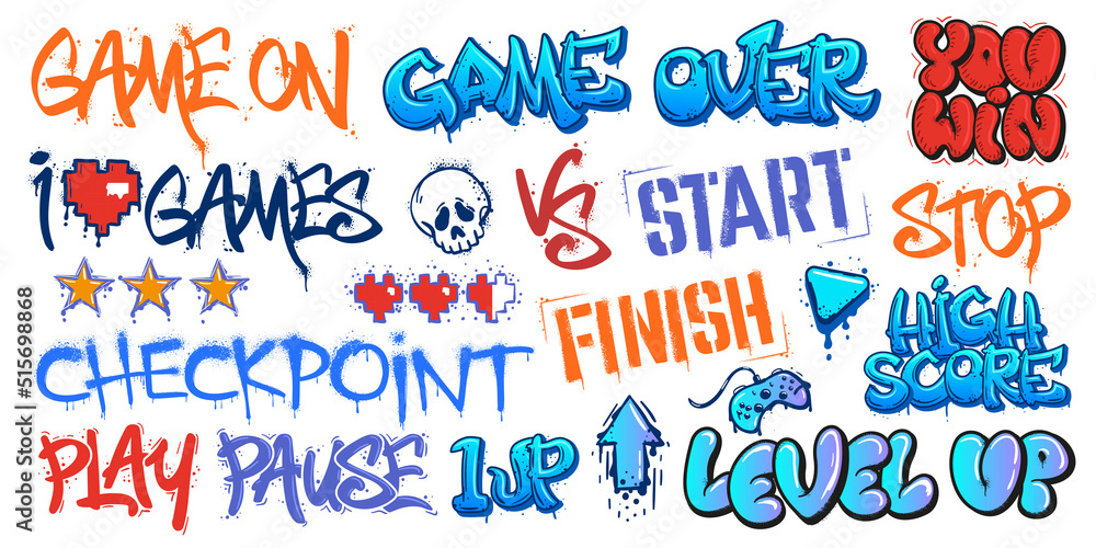 Gaming graffiti. Game over street art, level up and you win lettering ...