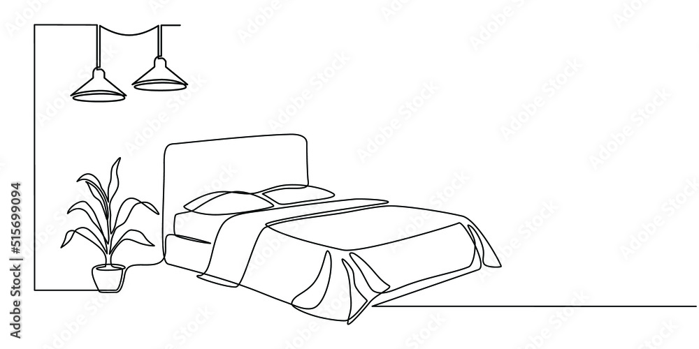 Continuous line drawing of double bed with chandelier and table. Modern ...