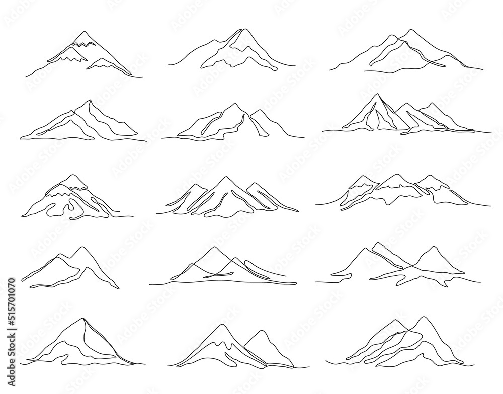 One line mountains. Linear mountain ranges and continuous outline peaks ...