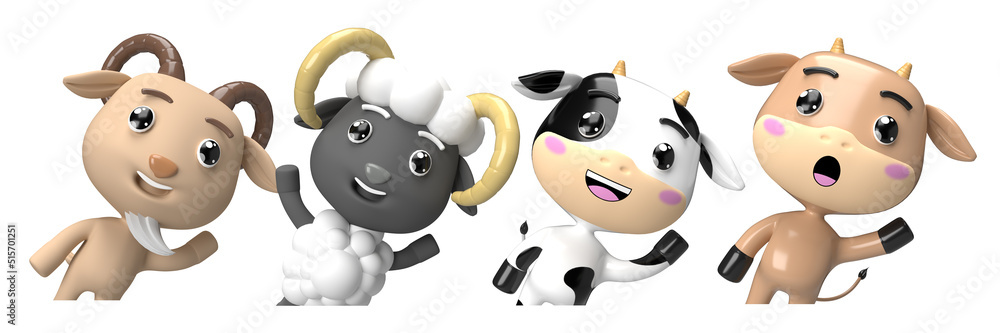 Ilustração do Stock: cute cow sheep and goat say hello 3d rendering for ...