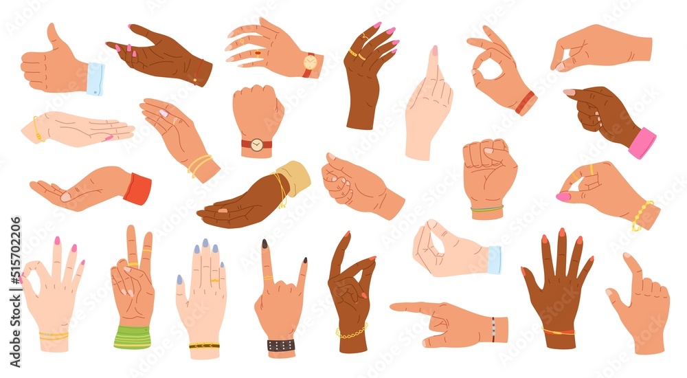 Hand gestures. Human hands hold, point and grip. Multiethnic hands with ...