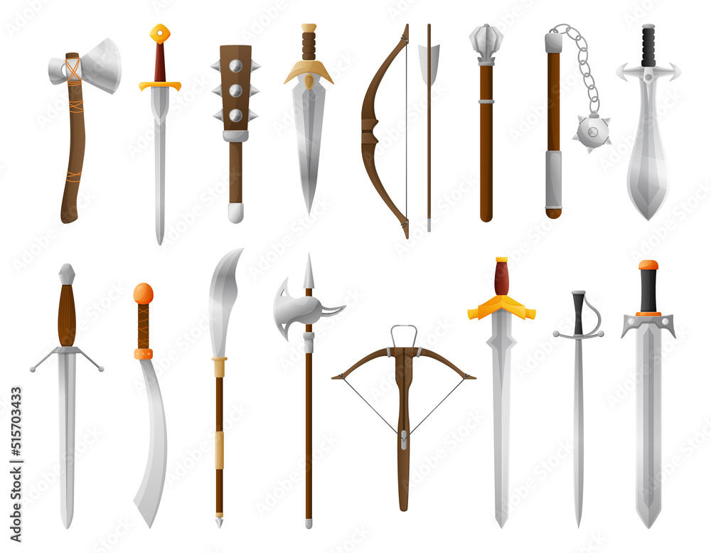 Cartoon medieval weapon. Old sword, bow and axe. Fantasy knight battle ...
