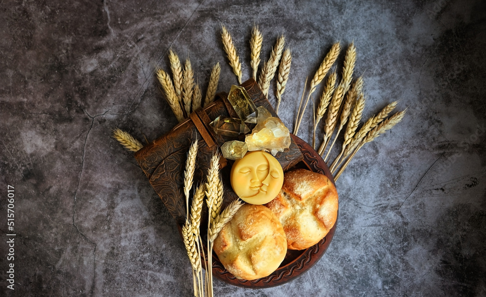 Wiccan Altar for Lammas, Lughnasadh pagan holiday. ears of wheat, bread, witch book, gemstones ...