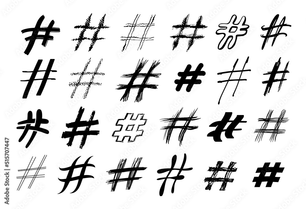 Hand drawn hashtag signs. Grunge brush hash symbols, hand painted tag ...
