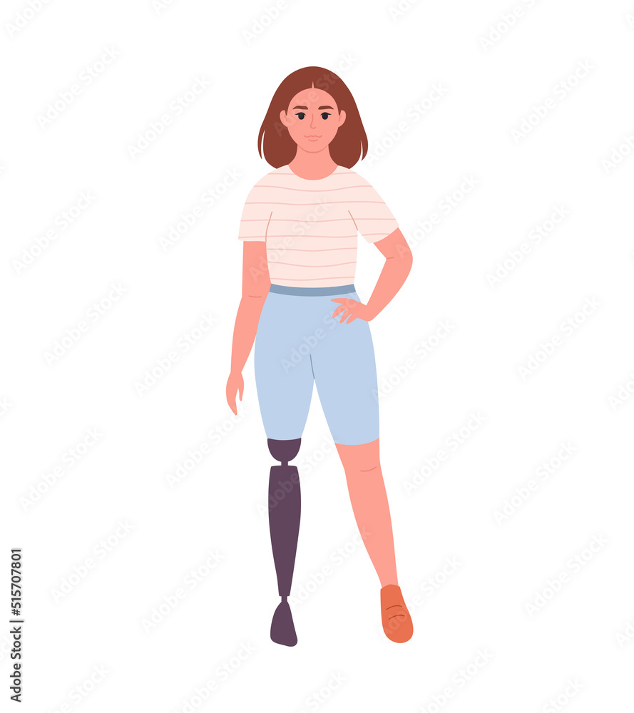 Disabled young woman with prosthetic leg. Female character with a ...