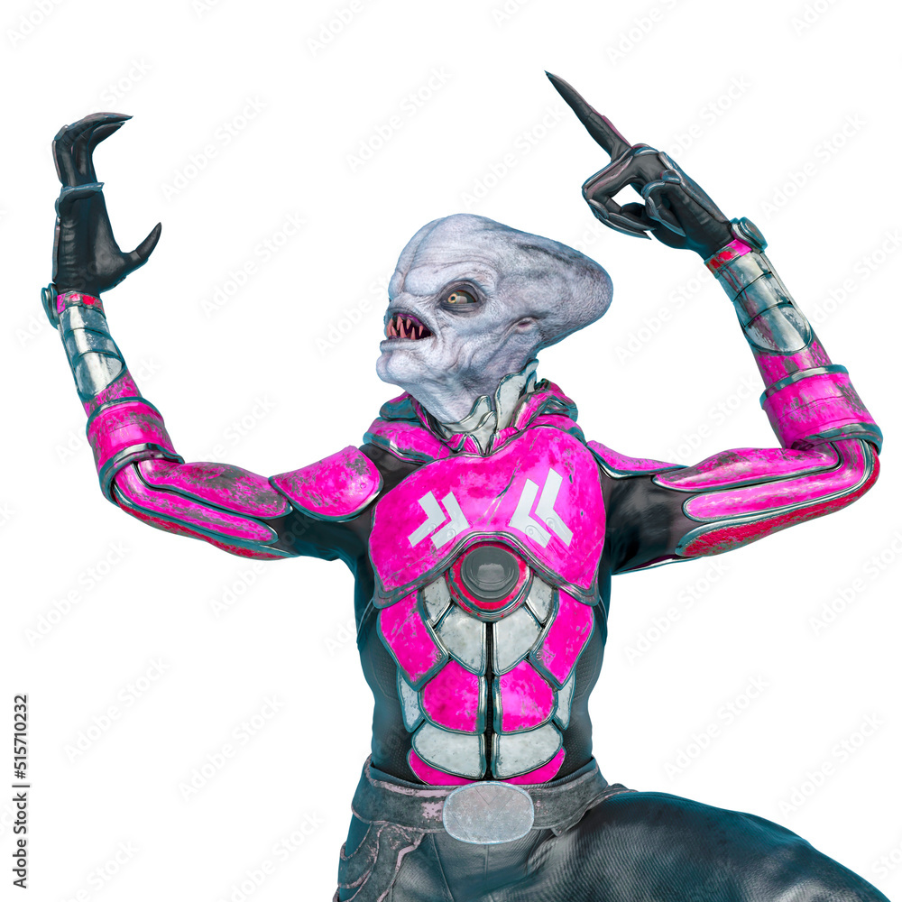 official alien on a sci-fi outfit holping scene in a white background ...