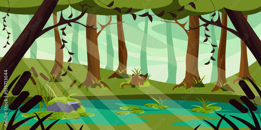 Vector illustration of a beautiful summer swamp. Cartoon forest ...
